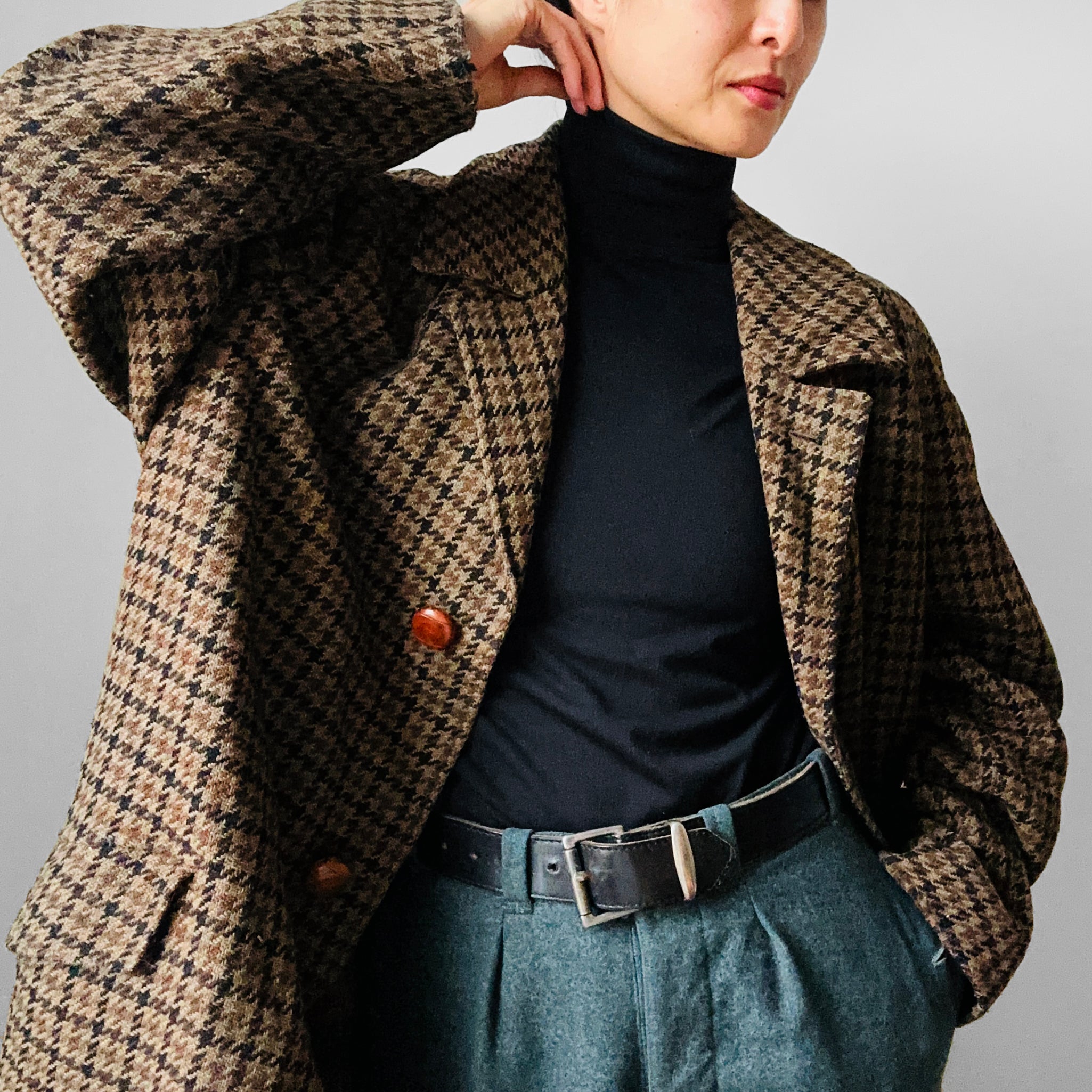 1950s Wool Houndstooth Plaid Double-Breasted Leather Button Jacket ...