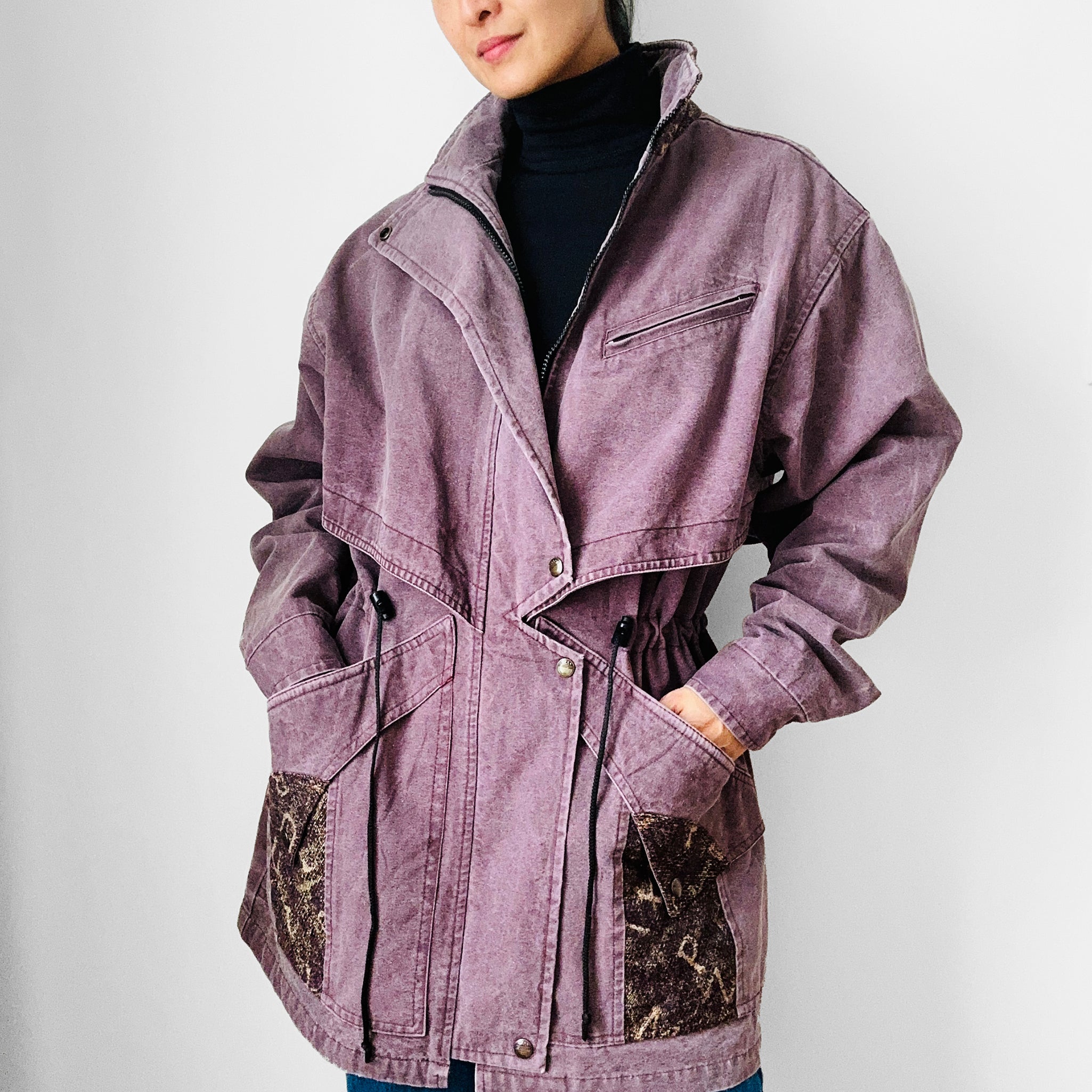 1980s Mauve Cinched Waist Tapestry Detail Midweight Canvas Jacket - S ...